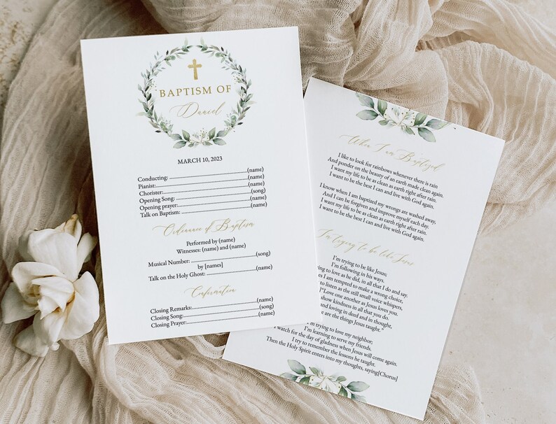 Baptism Program Template, Printable Baptism Program, Neutral Baptism Program, Greenery Leaves ...