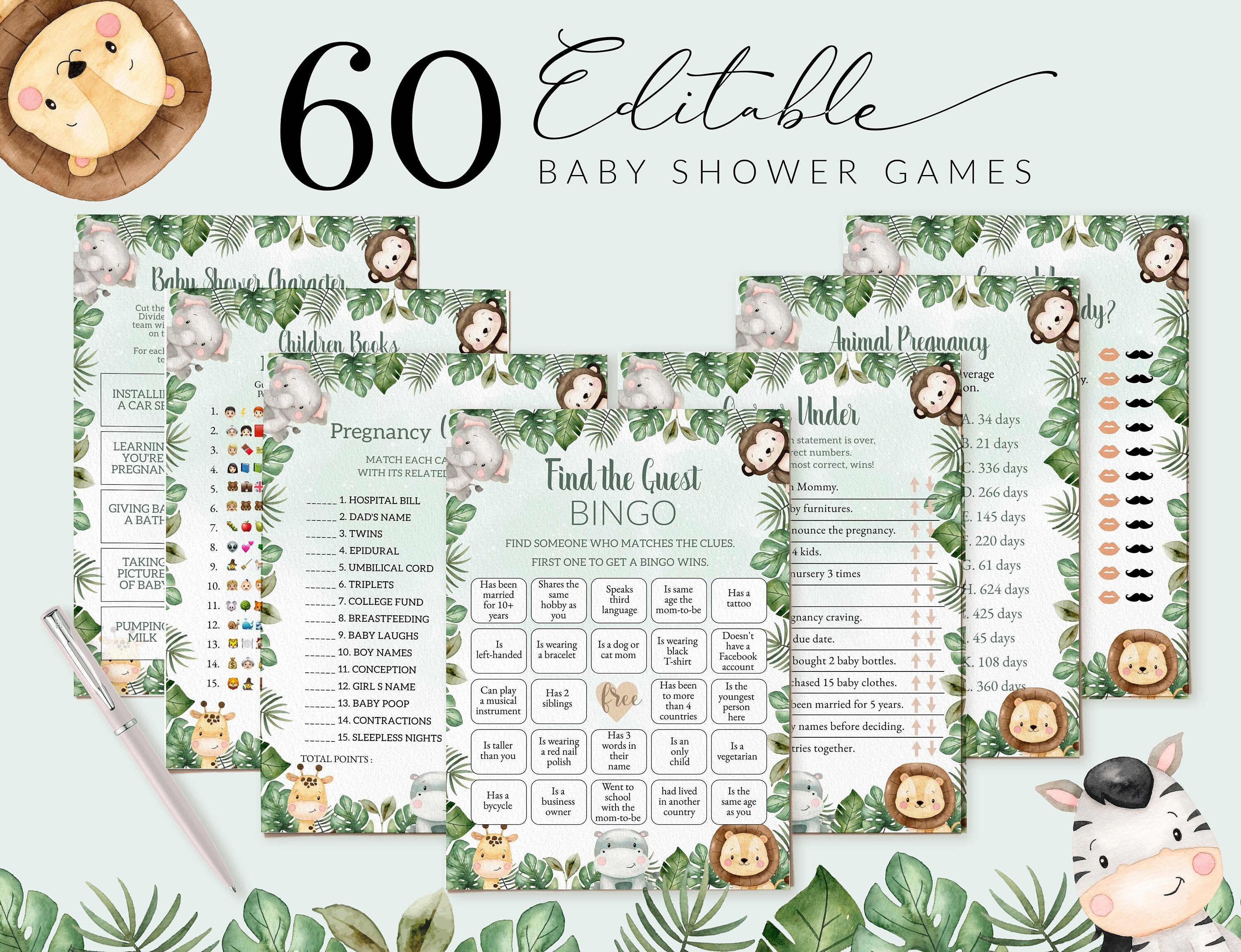 Jungle Safari Animals Baby Shower Games Bundle,baby Shower Games,safari ...