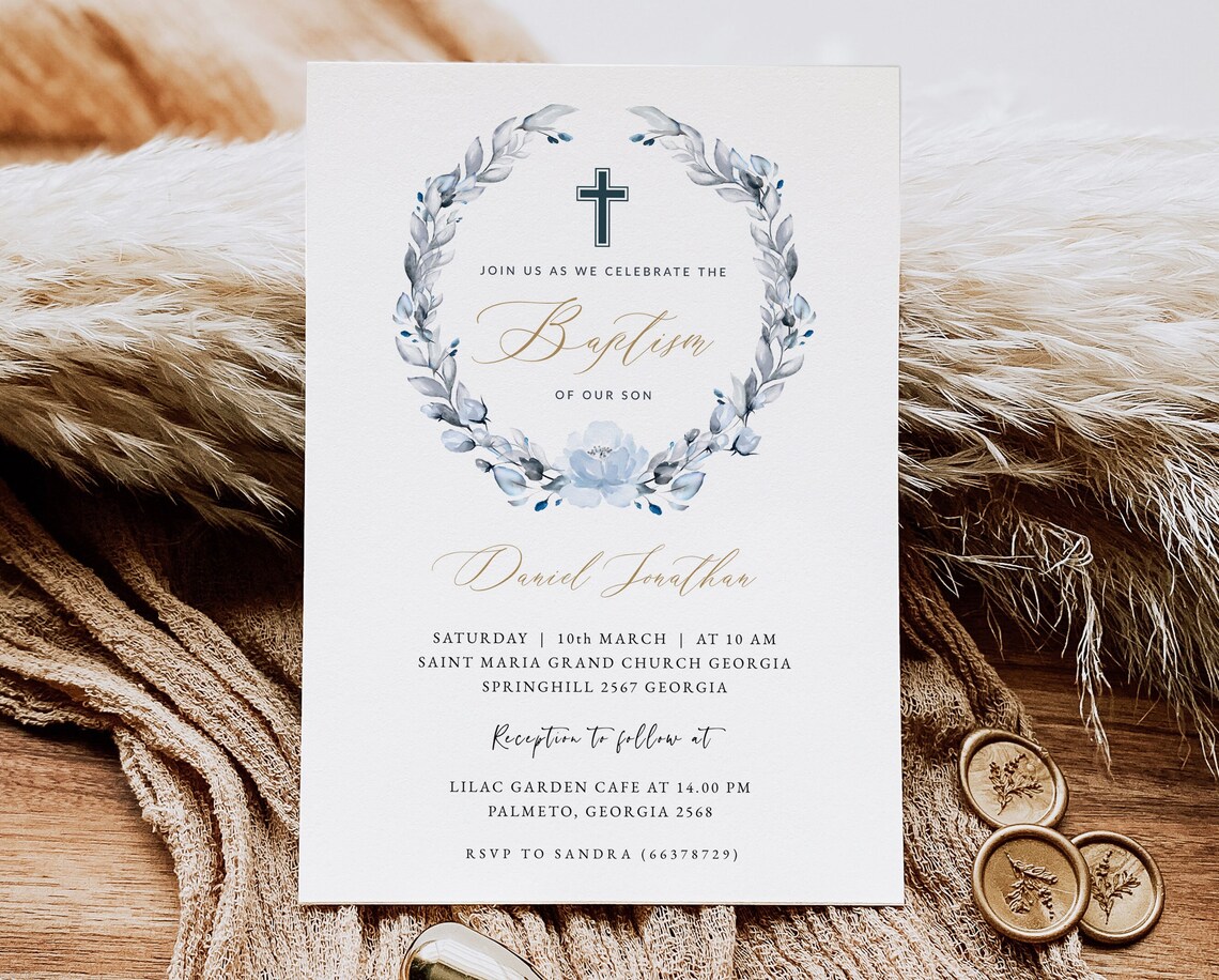 Baptism Invitation Template With Cross Blue Baptism Elegant Boy and ...