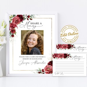 Editable Share a Memory Cards & Sign Red Roses, Funeral Memory Card ...
