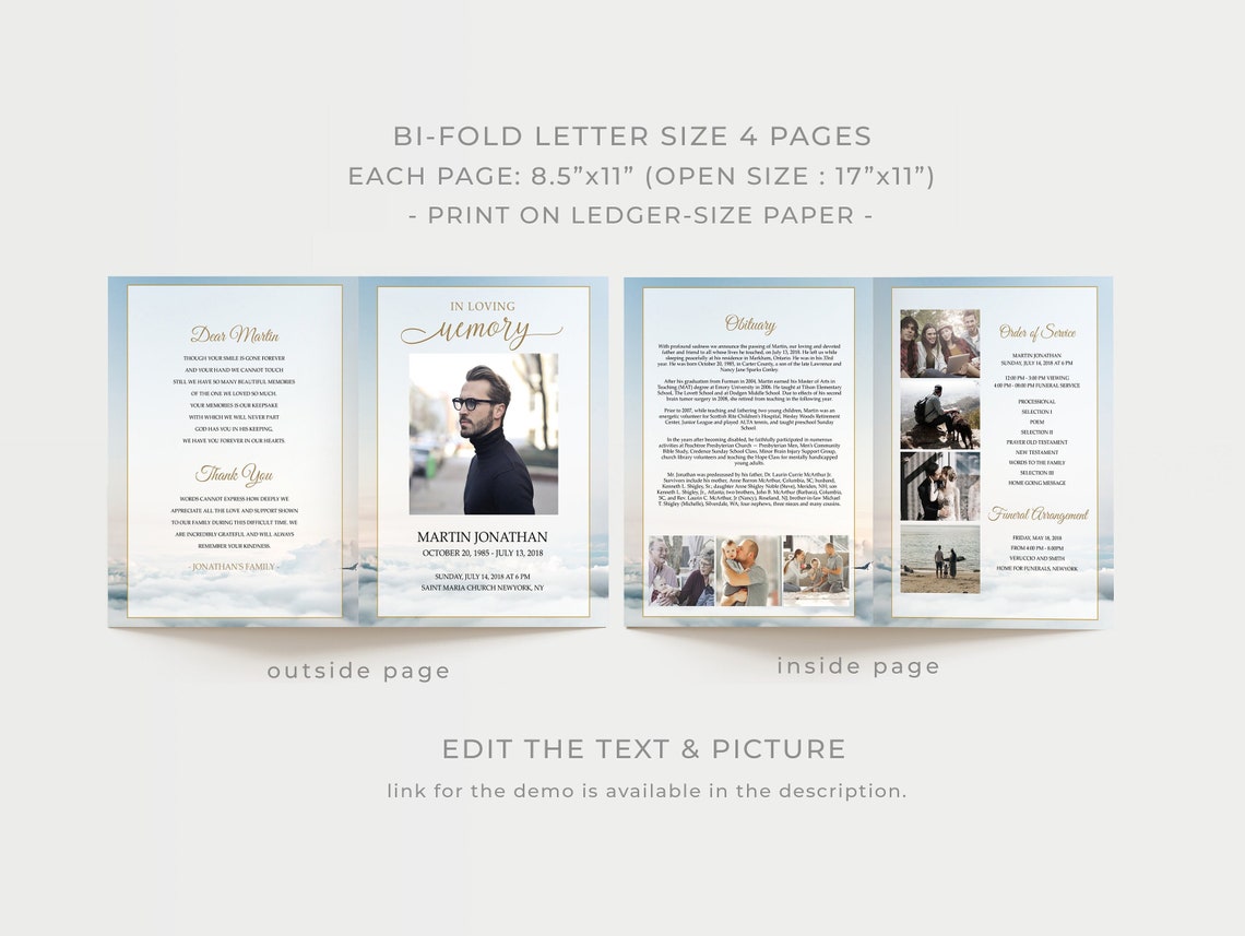 Letter Bi-fold Funeral Program Template Blue Sky Heaven, Large Memorial ...