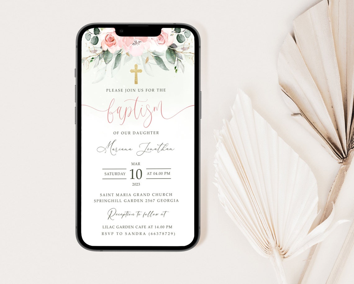 Digital Baptism Text Invitation Template, Evite Pink Greenery Baptism ...