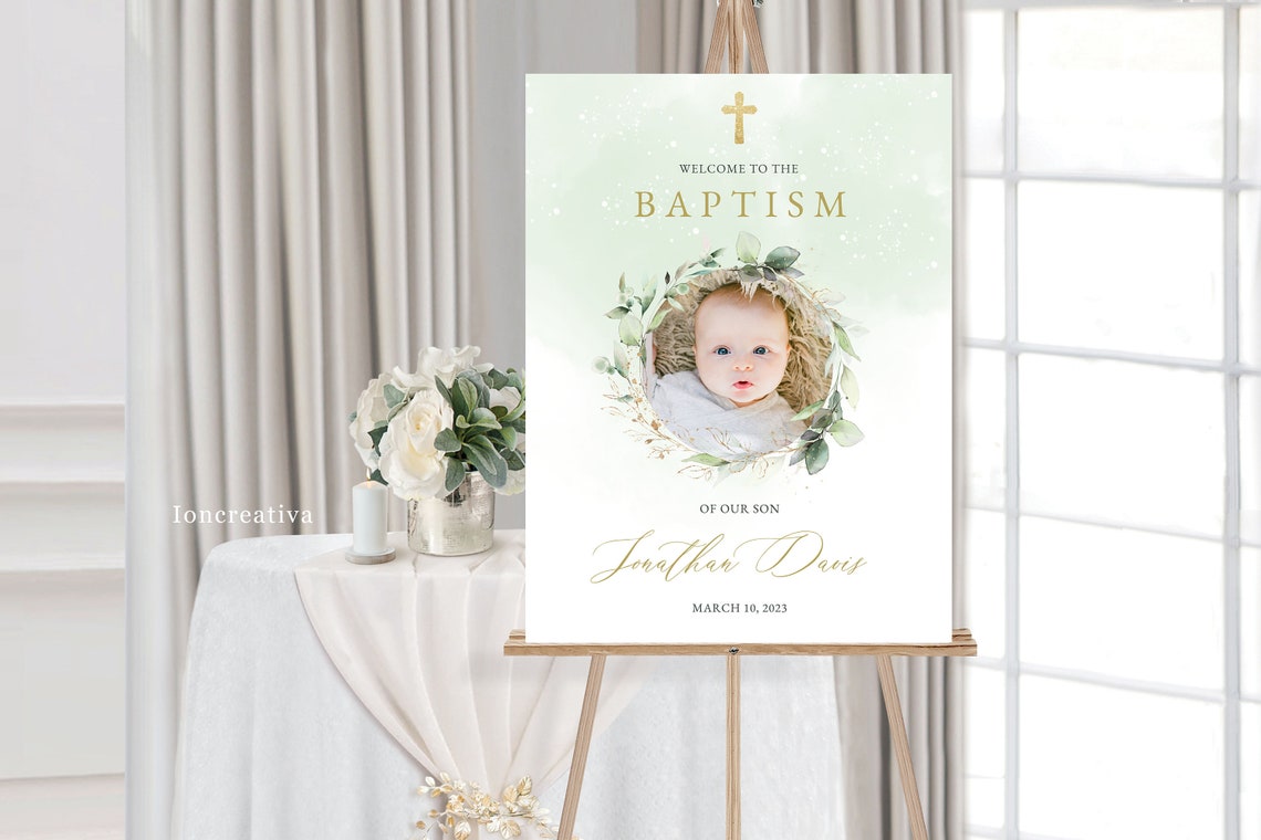 Editable Greenery Baptism Welcome Sign Template With Photo for Boy ...