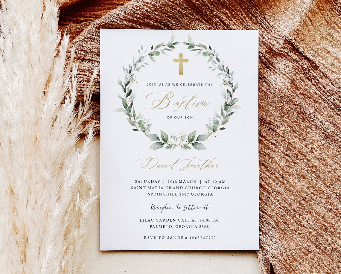 Baptism Invitation Template, Greenery Leaves, Editable, Greenery ...