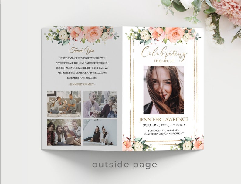 Editable Orange Floral Funeral Program Template Celebrating the Life of ...