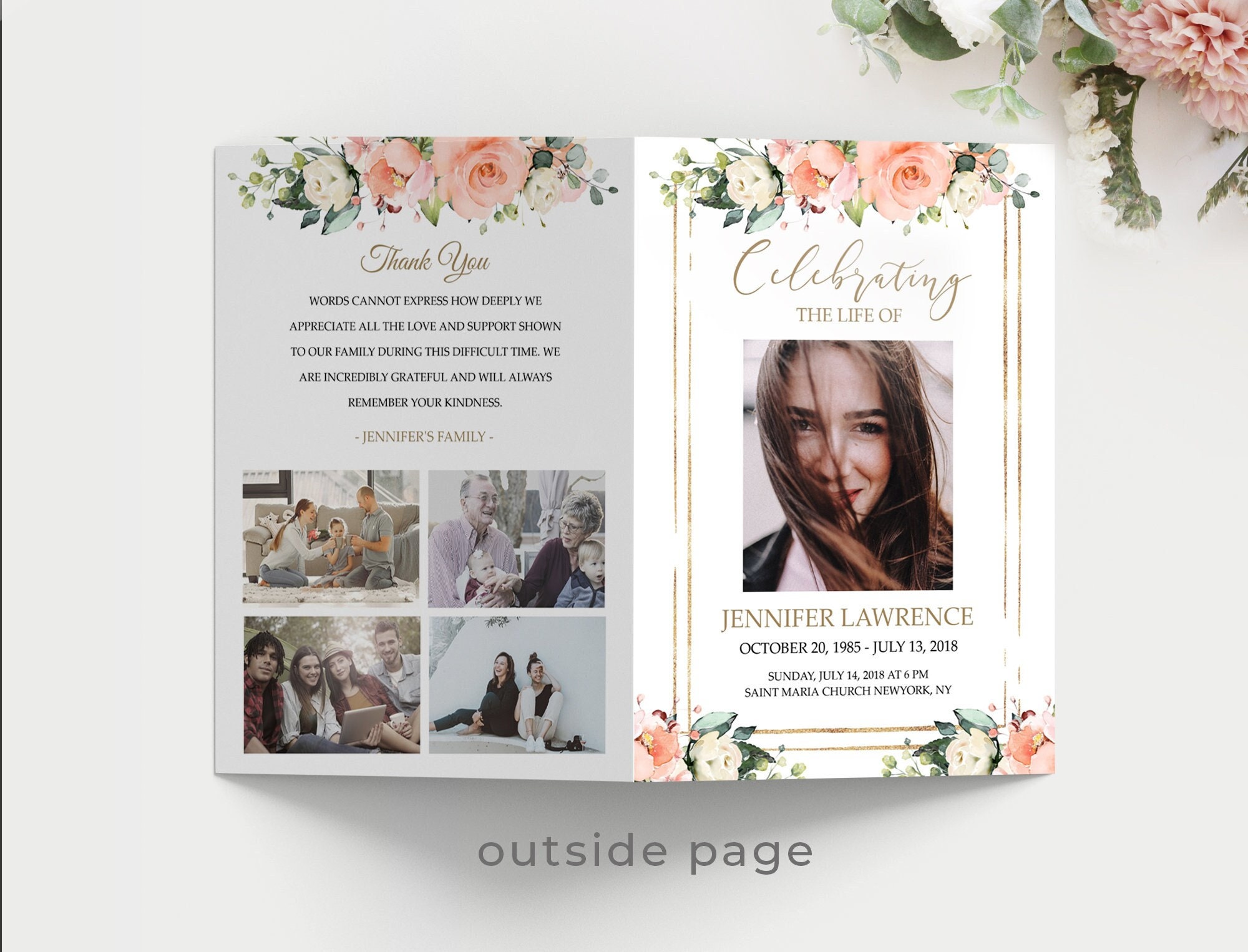 Editable Orange Floral Funeral Program Template Celebrating the Life of ...