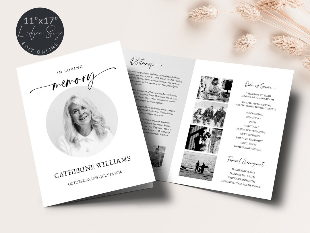 Modern Elegant Editable Funeral Program Modern Elegant Memorial Service ...