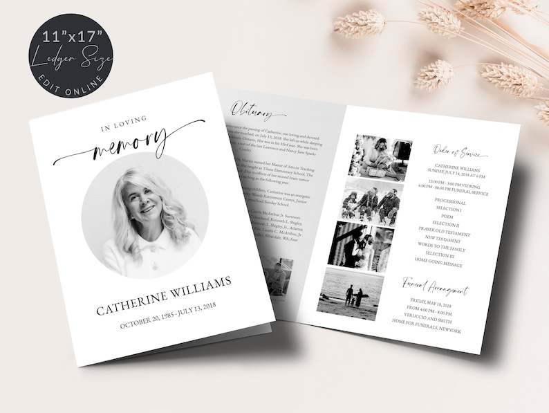 Modern Elegant Editable Funeral Program Modern Elegant Memorial Service ...