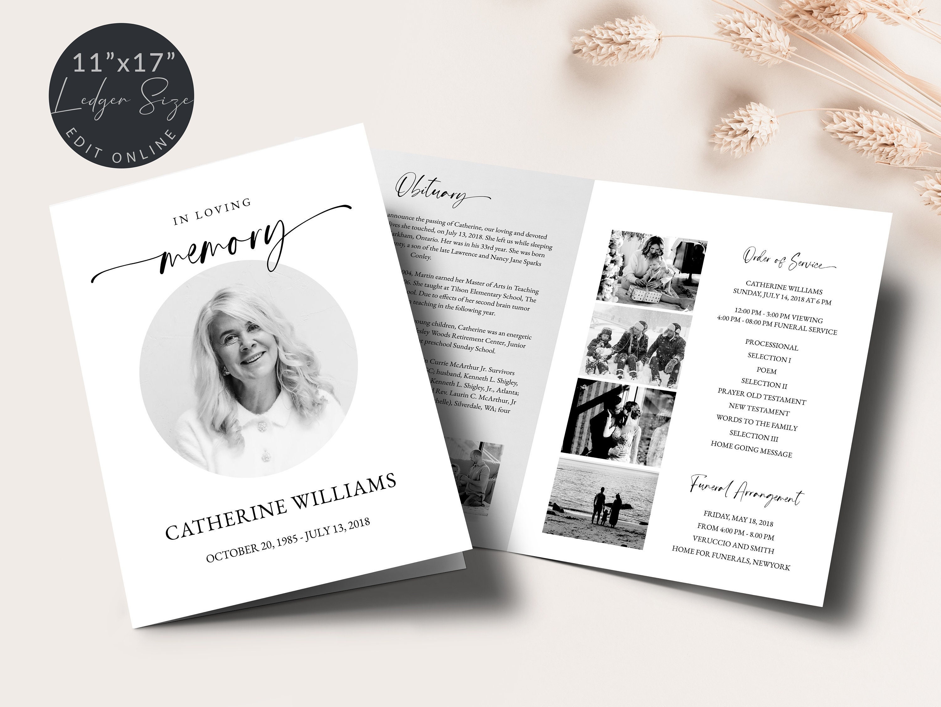 Modern Elegant Editable Funeral Program Modern Elegant Memorial Service ...