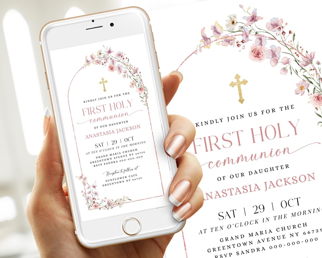 Digital First Holy Communion Text Invitation Template Rustic Pink ...