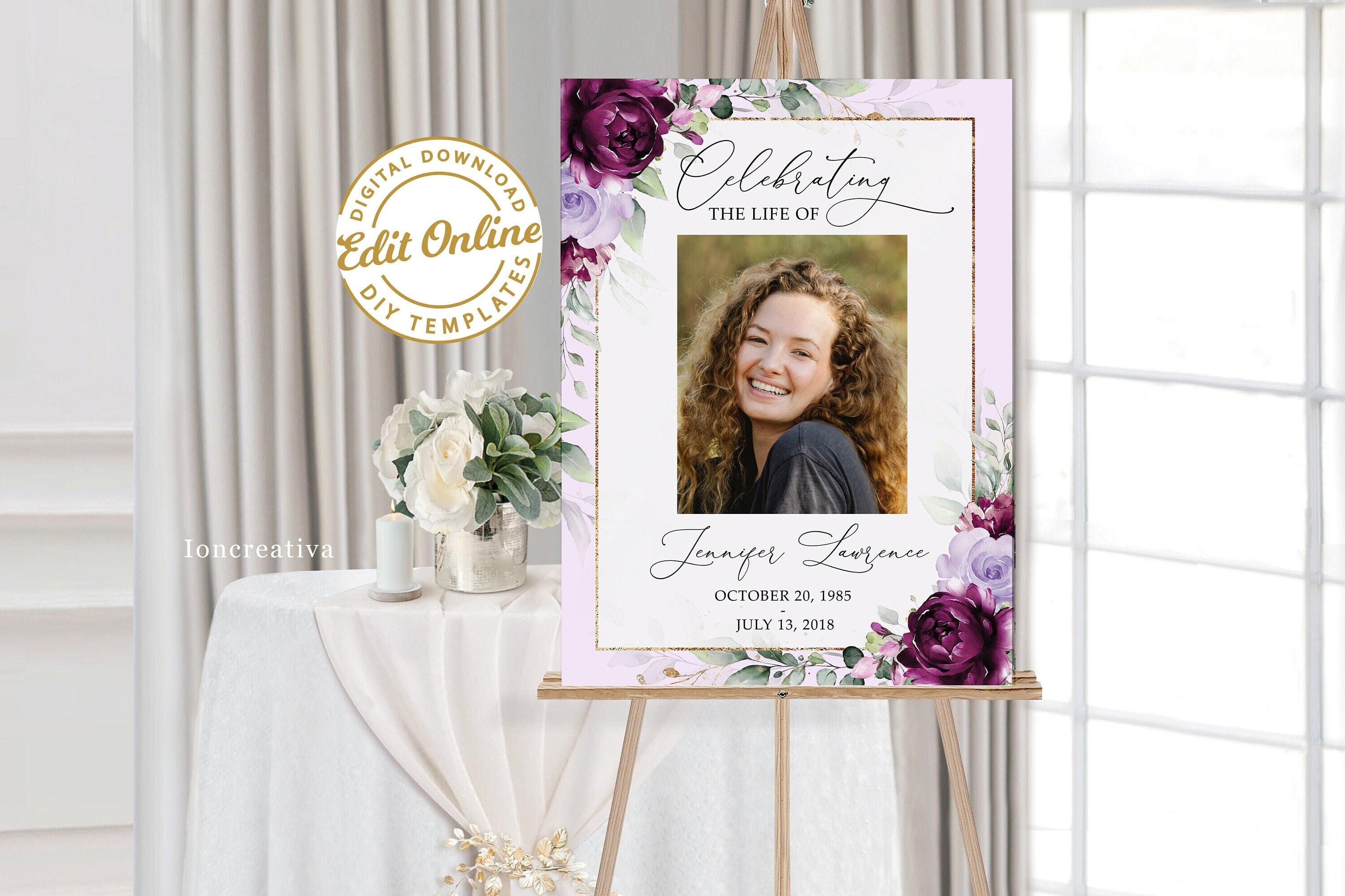 Celebration of Life Welcome Sign Purple Roses, in Loving Memory Welcome ...