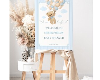 Editable Teddy Bear Baby Shower Welcome Sign, Blue Balloon Baby Shower ...