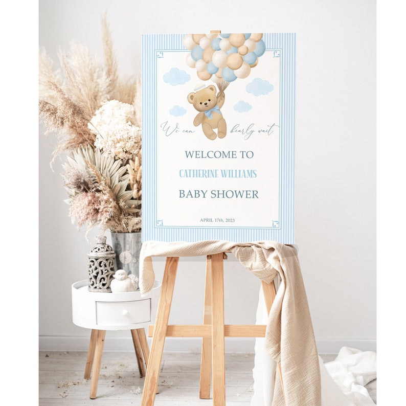 Editable Teddy Bear Baby Shower Welcome Sign, Blue Teddy Bear Baby ...
