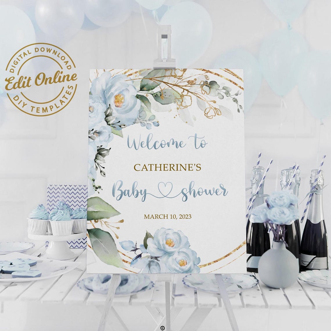 Blue Baby Boy Baby Shower Welcome Sign, Blue Floral Baby Shower Welcome ...