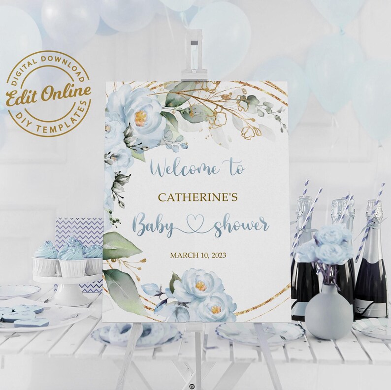 Blue Baby Boy Baby Shower Welcome Sign, Blue Floral Baby Shower Welcome ...