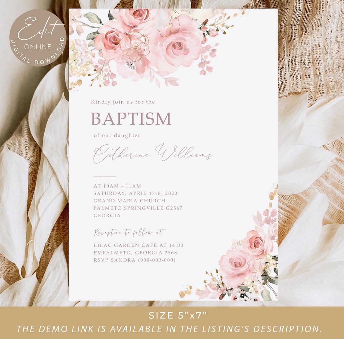 Editable Girl Baptism Invitation Template, Dusty Pink Rose Flowers ...