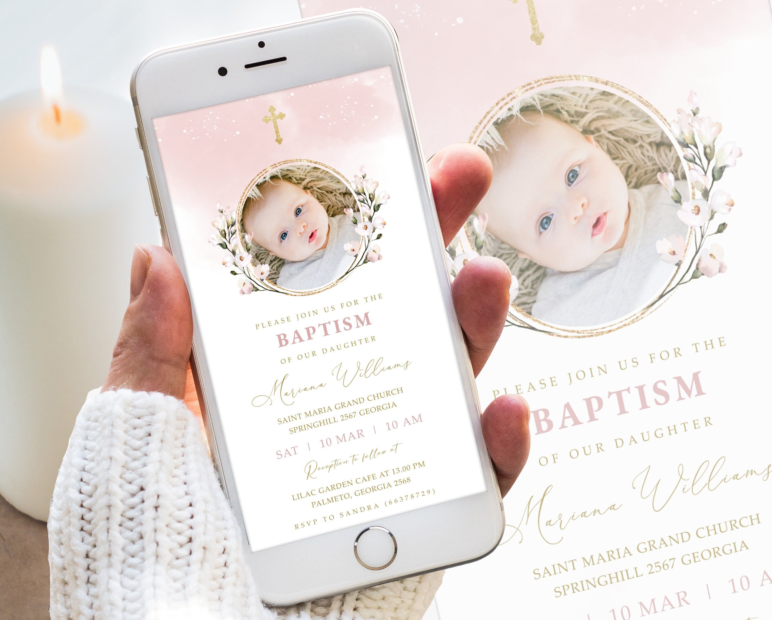 Digital Baptism Text Invitation Template, Baby Pink Flowers, Pink ...