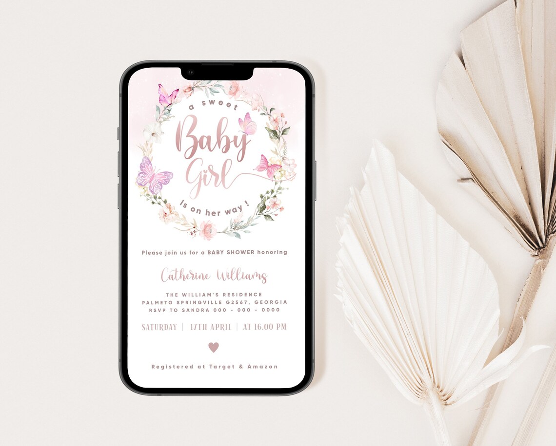 Digital Baby Shower Text Invitation Template, Rustic Pink Flowers, Pink ...