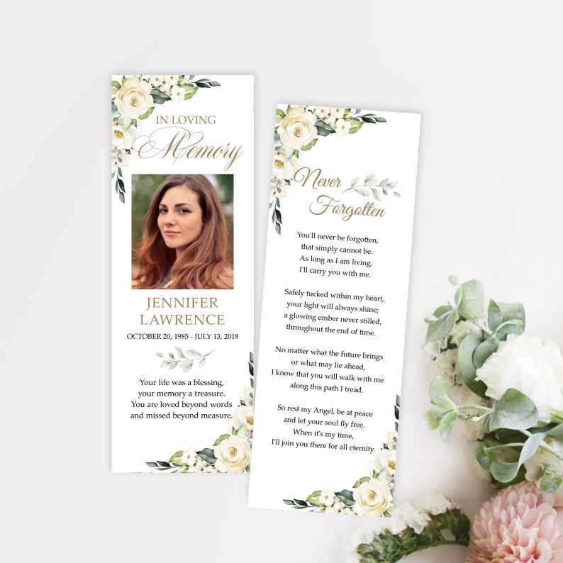 White Greenery Roses Funeral Bookmark Template White Floral Memorial ...