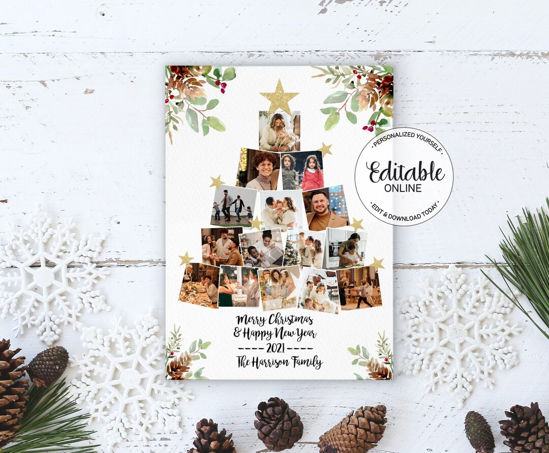 Merry Christmas Photo Collage Card Template Christmas Tree Holiday Card ...