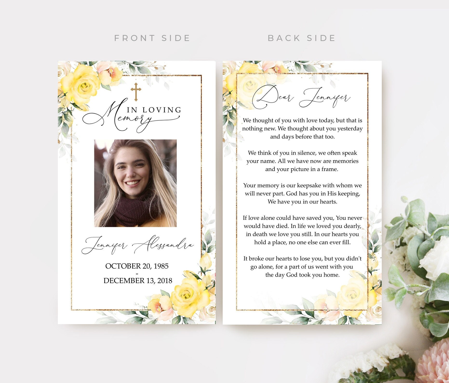 Editable Funeral Prayer Card Template Yellow Roses Editable Memorial Prayer Card Template