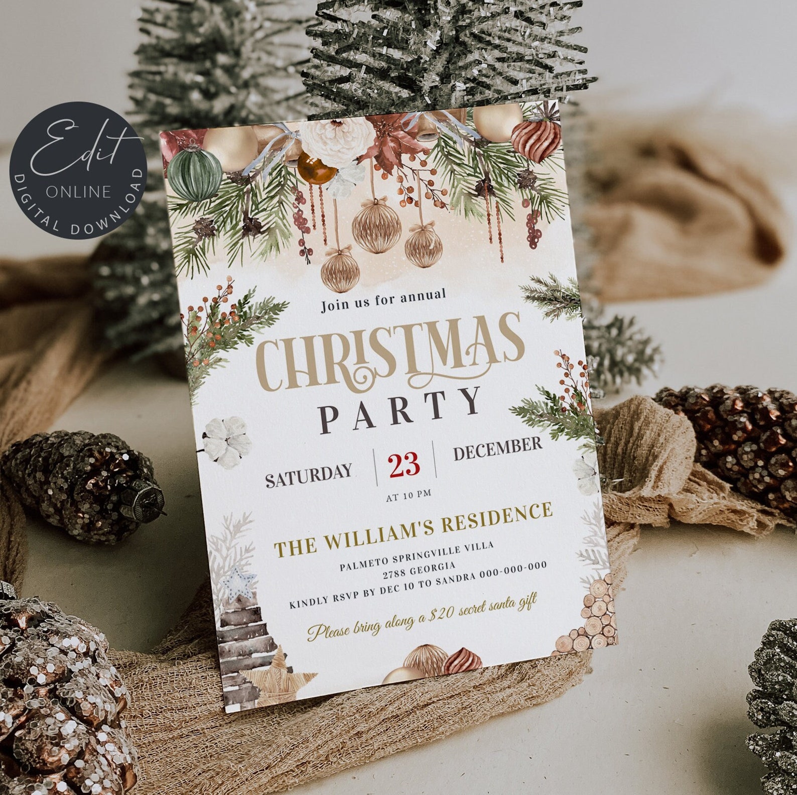 Editable Boho Christmas Party Invitation Christmas Party Invite ...