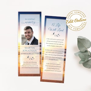 Sunset Beach Funeral Bookmark Template Memorial Bookmark Funeral ...