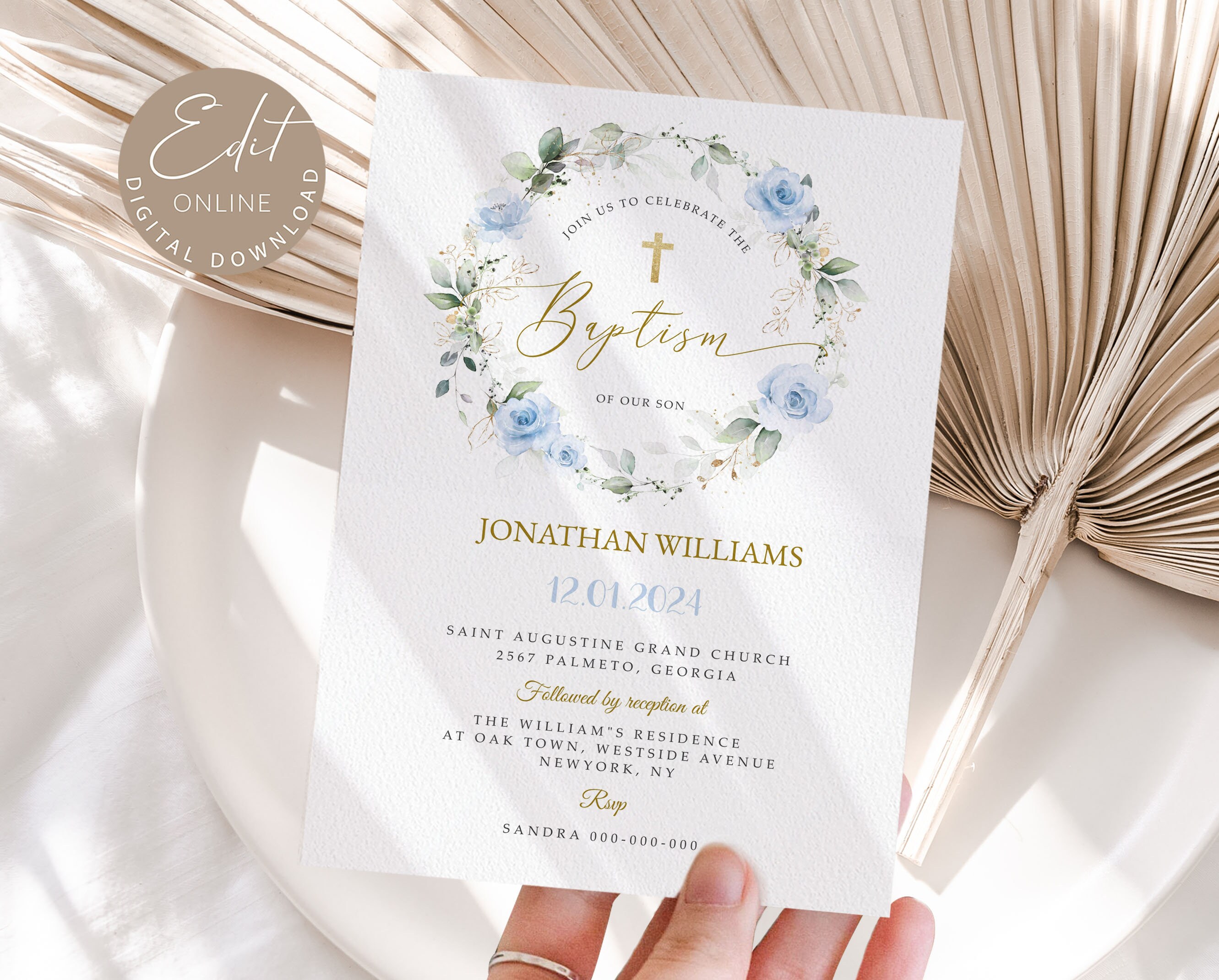 Editable Baptism Invitation Template, Rustic Blue Baptism Invite ...