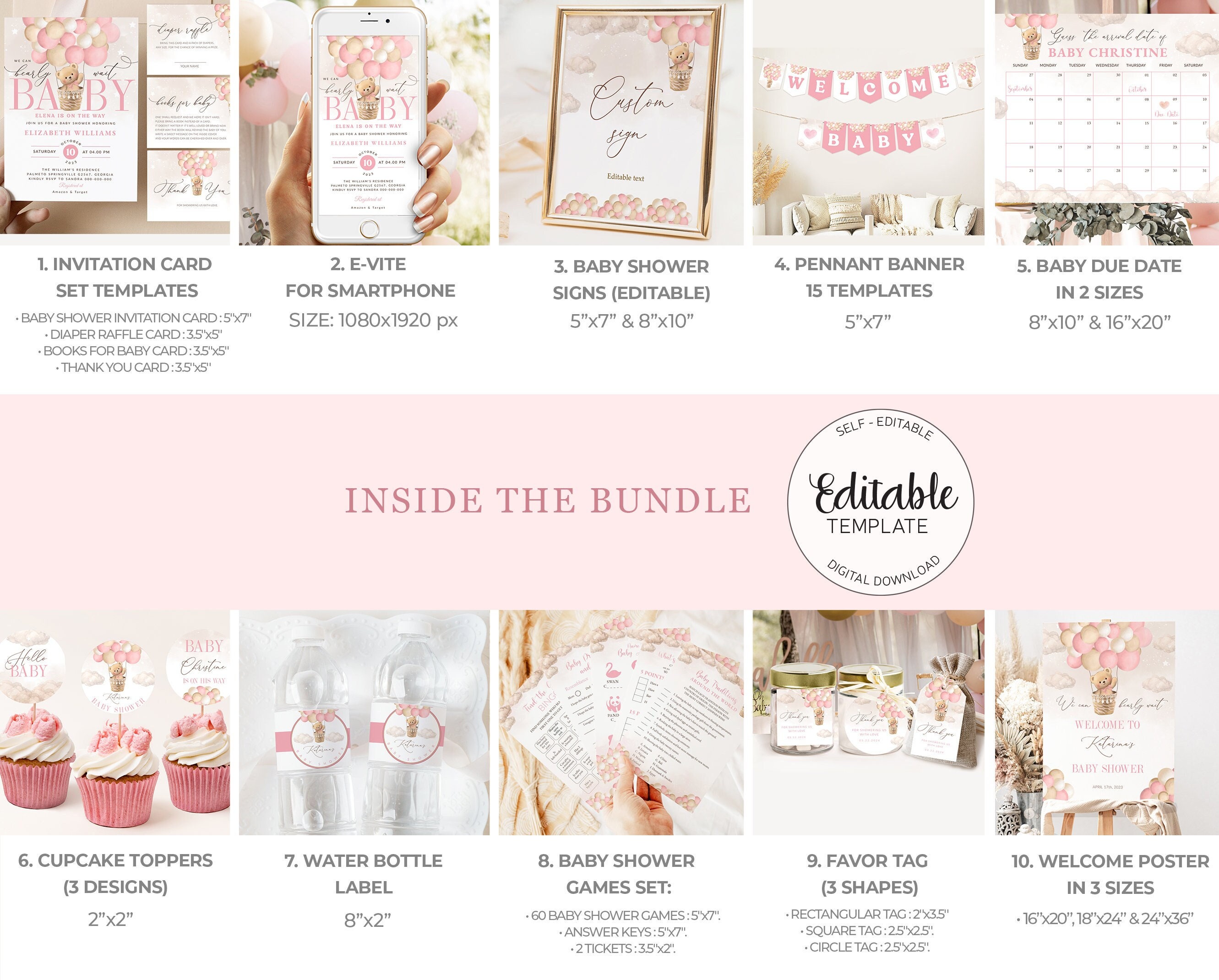 Pink Bear Baby Shower Bundle Air Balloon Invitation Bundle Pink Girl ...