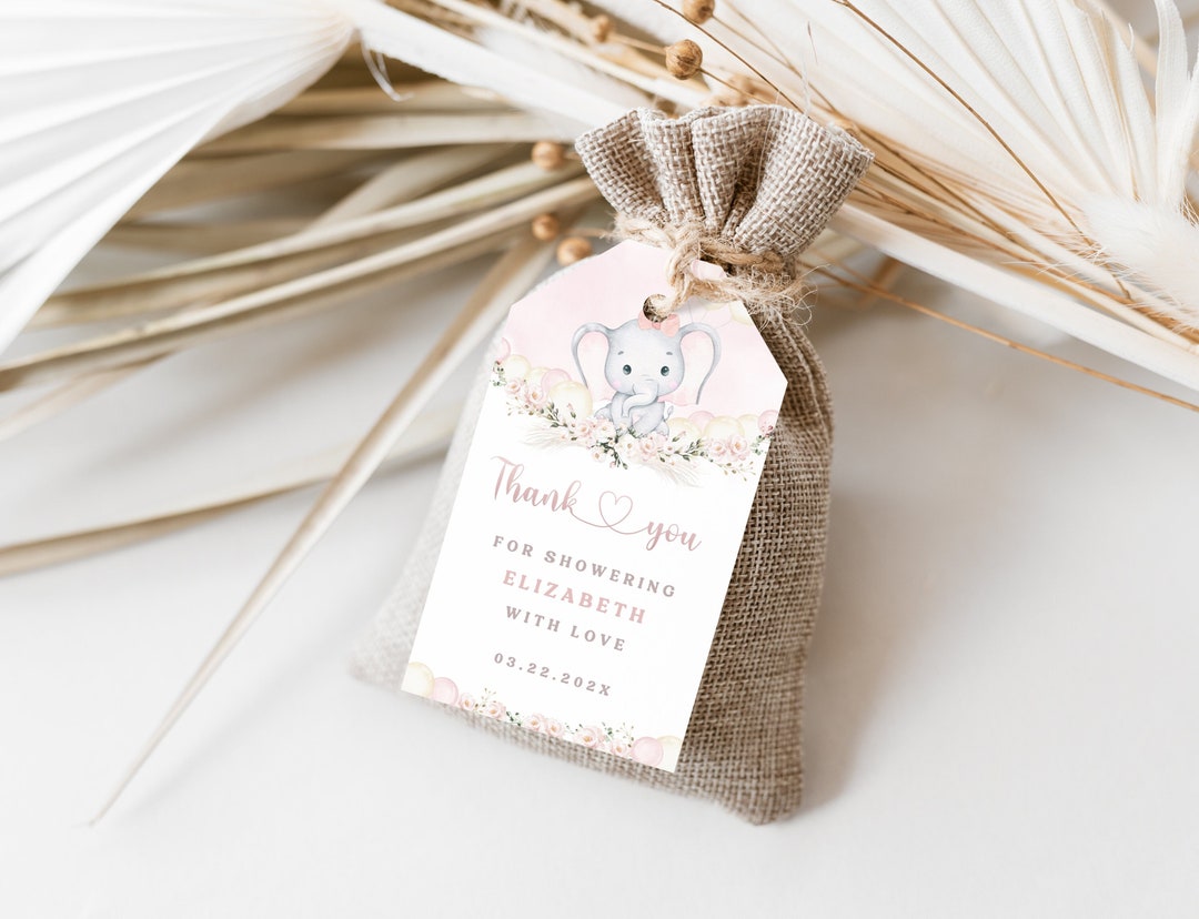 Editable Elephant Baby Shower Favors Pink Thank You Tag Printable ...