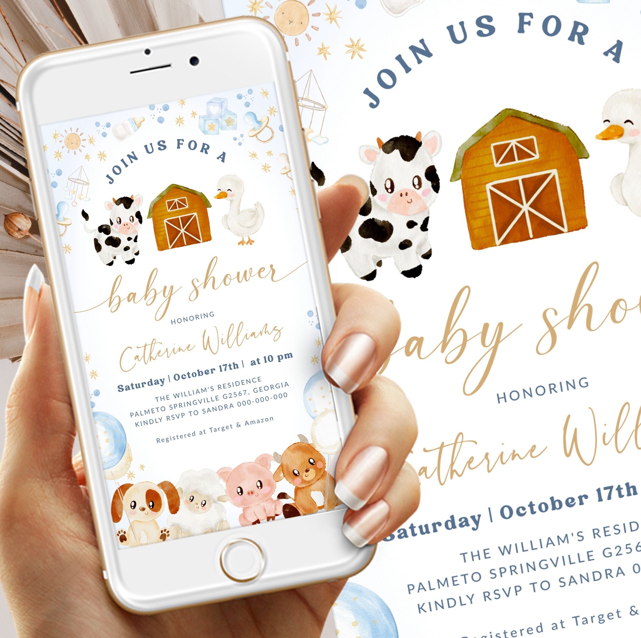 Editable Blue Farm House Smartphone Baby Shower Invitation Template ...