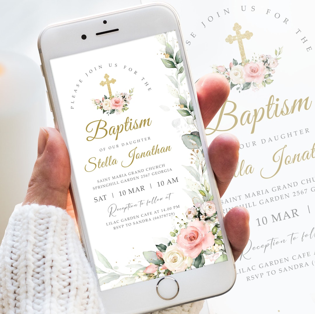 Digital Baptism Text Invitation Template, Greenery Pink Flowers, Pink ...