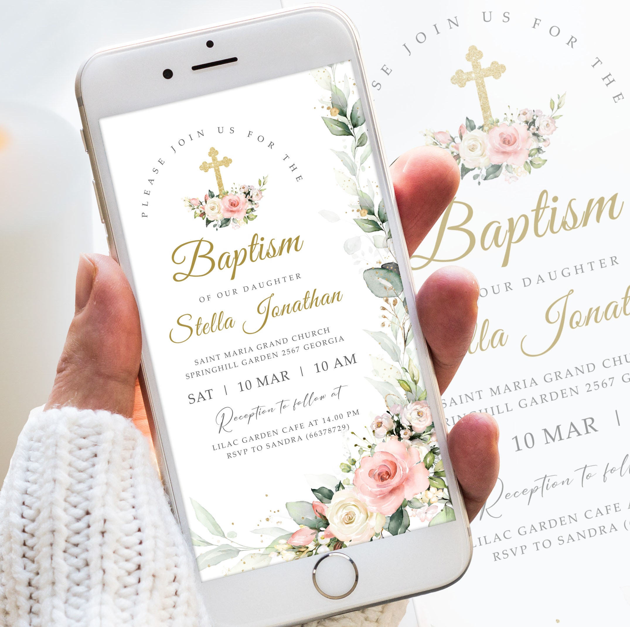 Digital Baptism Text Invitation Template, Greenery Pink Flowers, Pink ...
