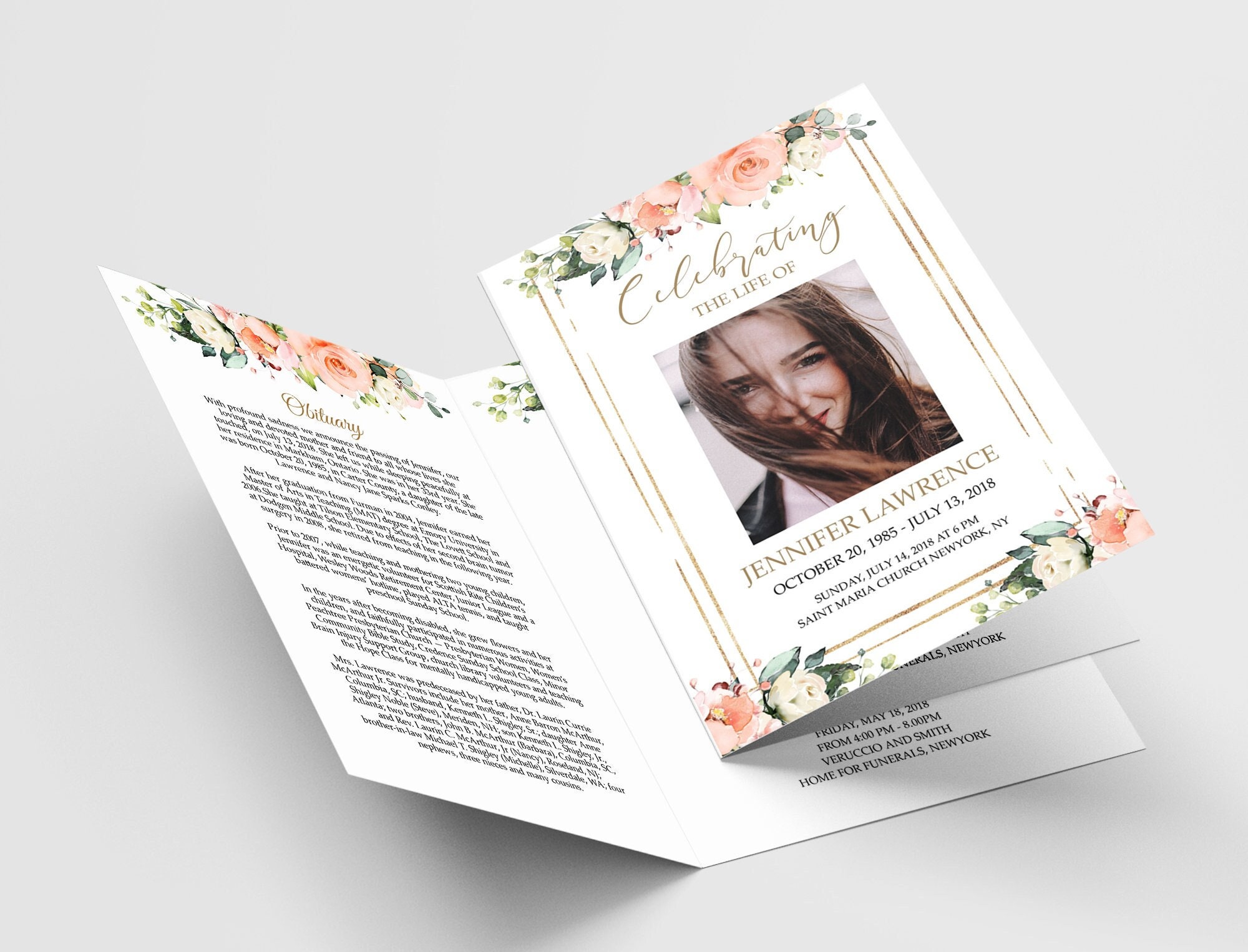 Editable Orange Floral Funeral Program Template Celebrating the Life of ...