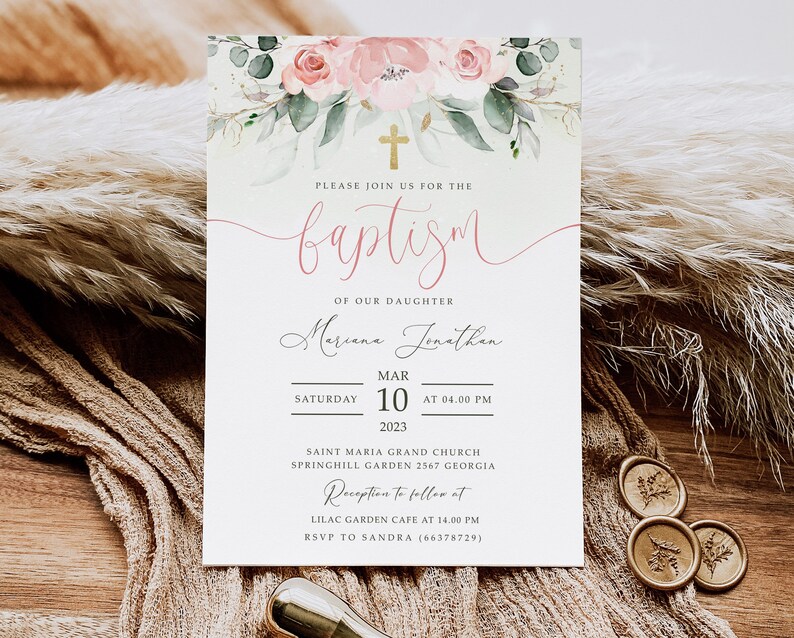 Editable Pink Rose Baptism Invitation Template, Pink Baptism Invitation ...