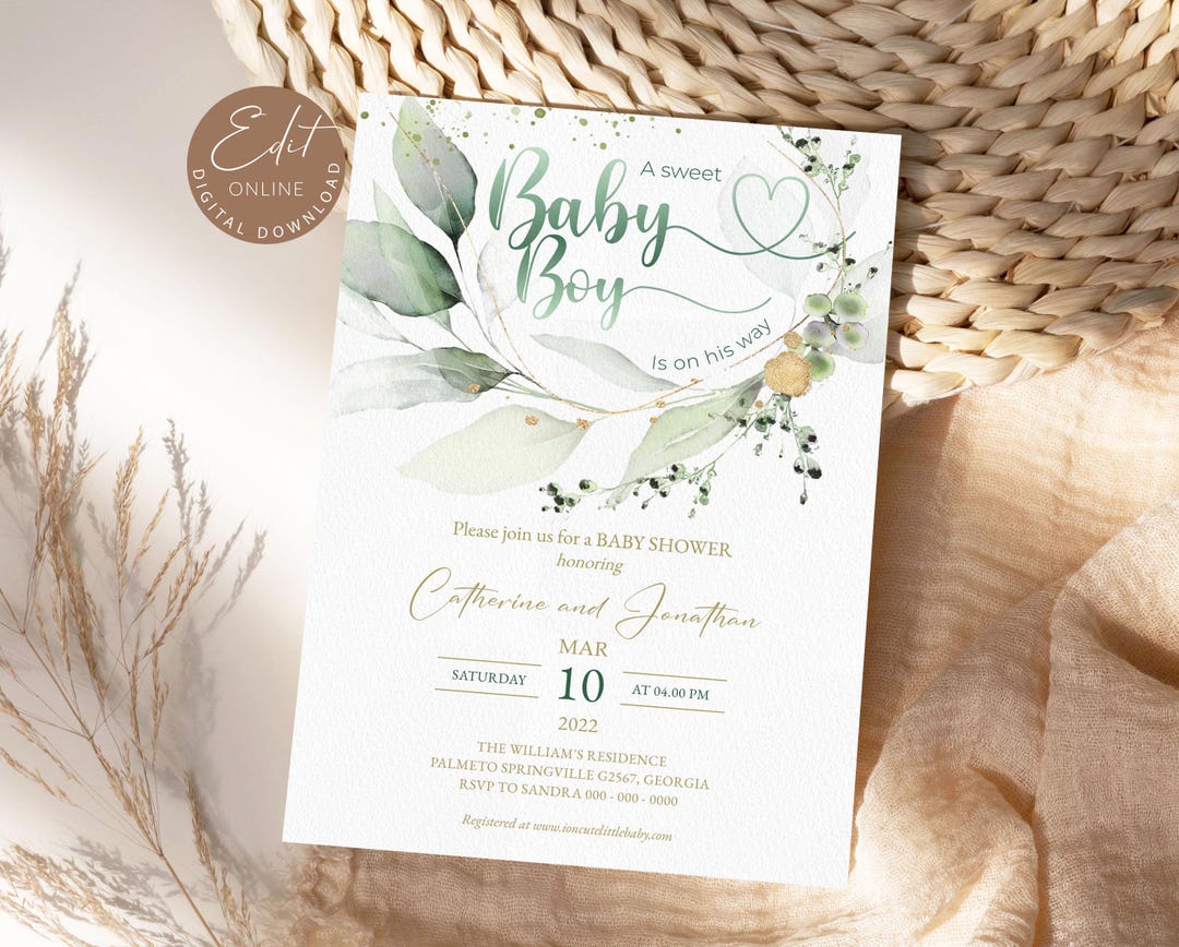 Editable Baby Shower Invitation Template Baby Boy Greenery & Gold ...