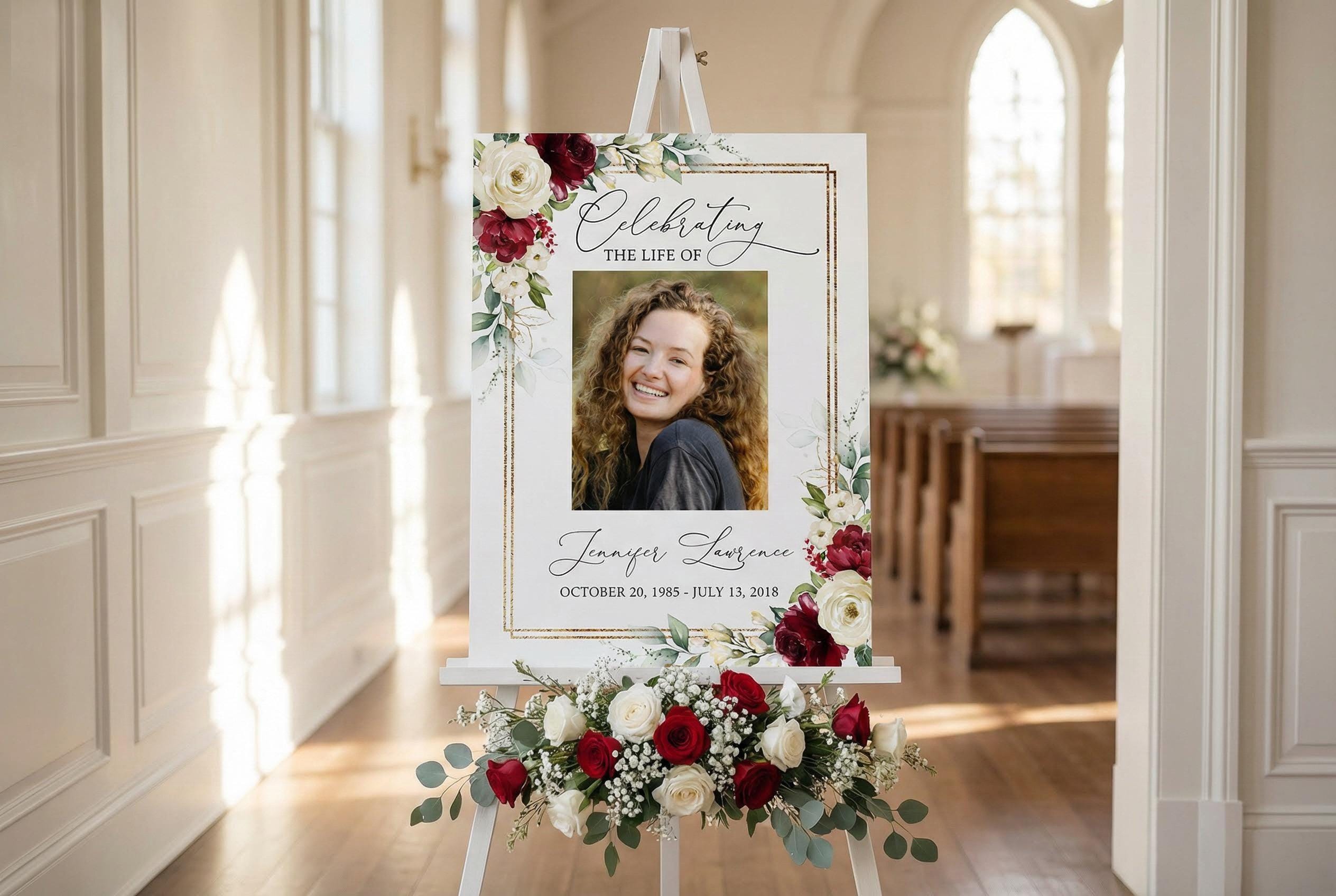 Celebration of Life Memorial Poster Template, Red White Rose Floral ...