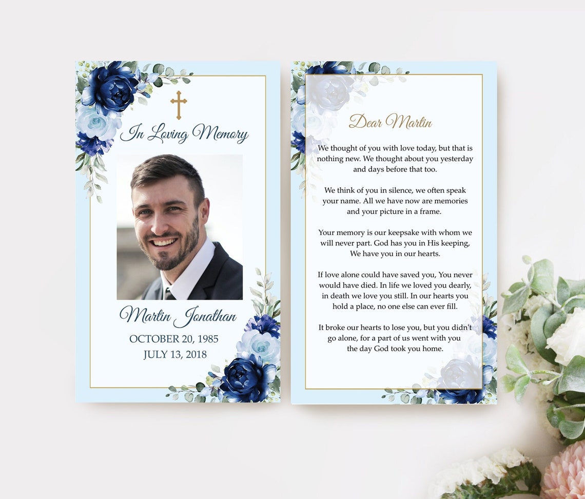 Editable Funeral Prayer Card Template Blue Roses Editable Memorial ...
