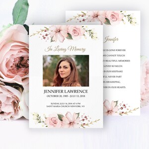 Editable Pink Rose Floral Funeral Program Template in Loving Memory of ...