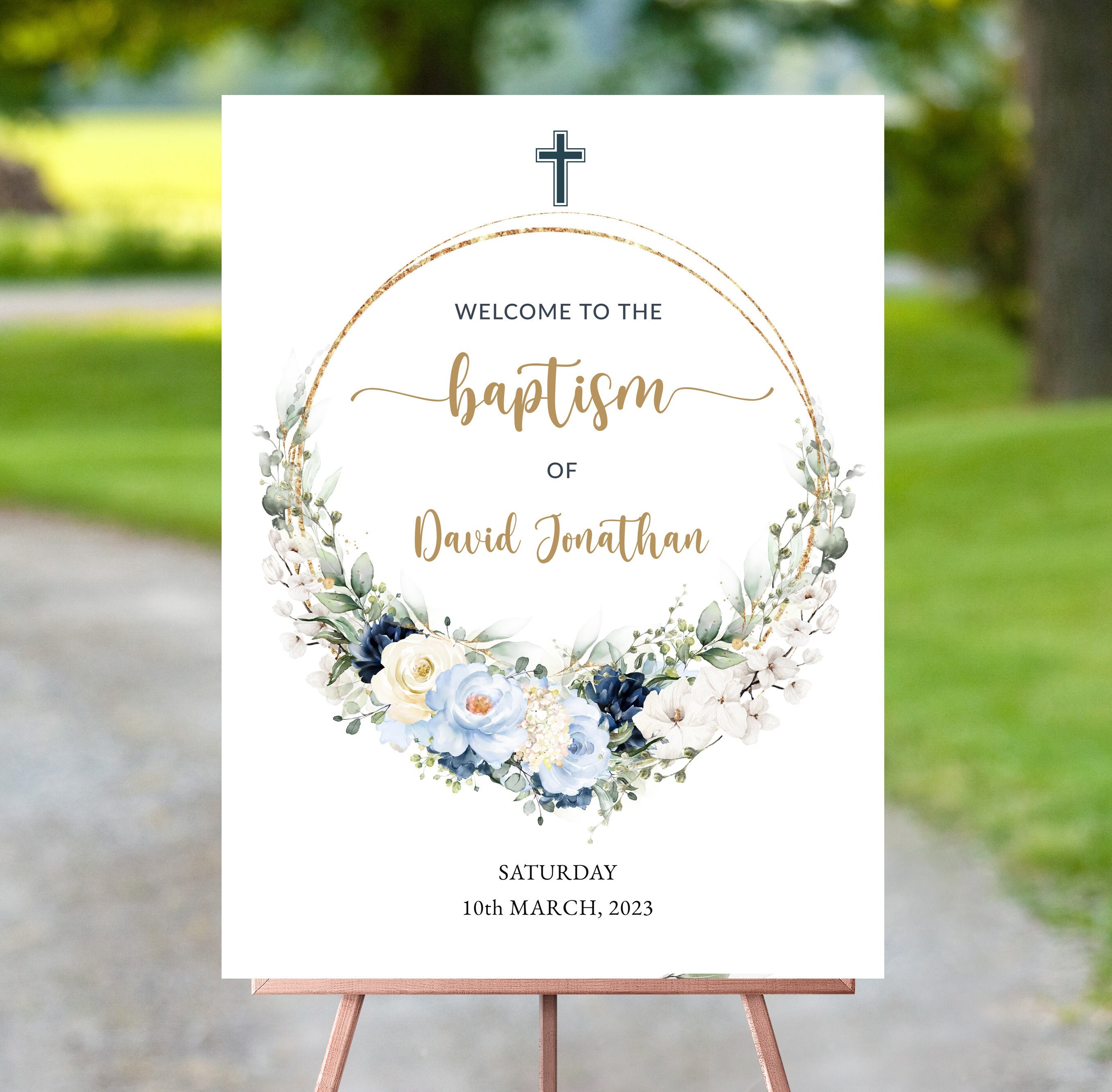Editable Baptism Welcome Sign Template, Dusty Blue Foliage Baptism ...