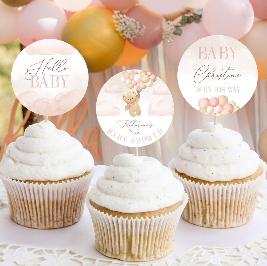 Printable Pink Bear Balloon Baby Shower Cupcake Toppers Template, Pink ...