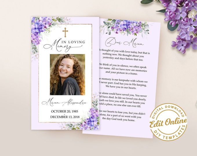 Purple Floral Funeral Prayer Card Template (digital Download) - Etsy Canada