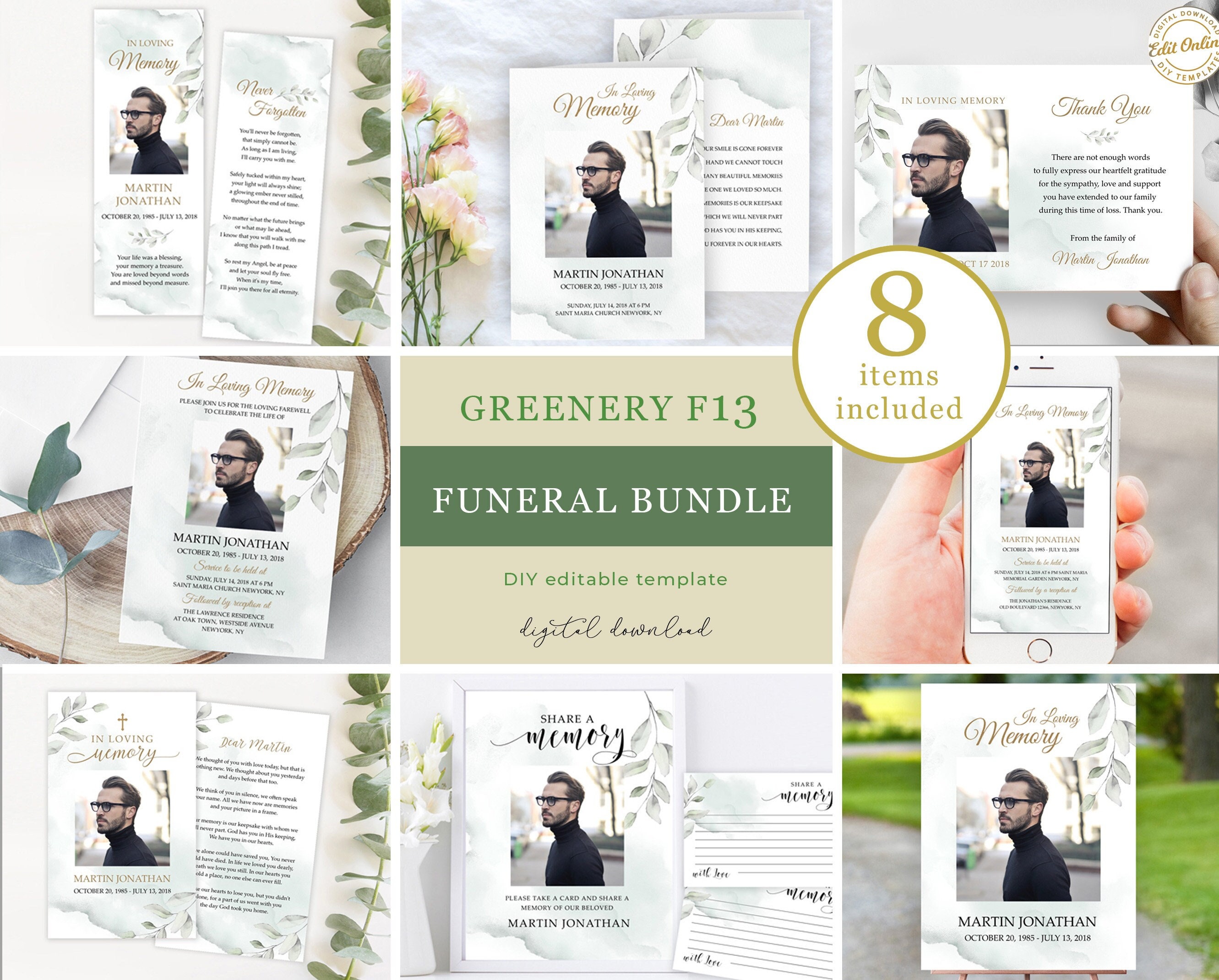 Editable Funeral Bundle Template Leaves Greenery for Men, Botanical ...