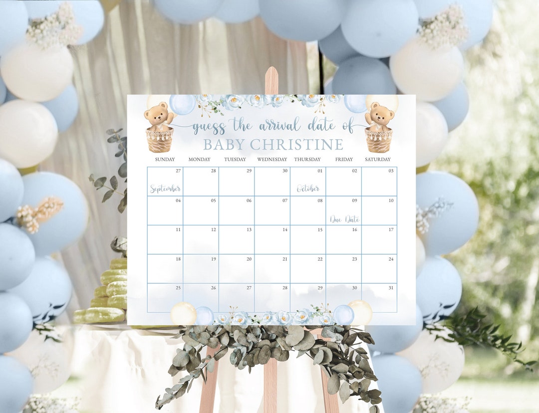Printable Baby Shower Due Date Calendar Bear Blue Balloon Theme Gender ...