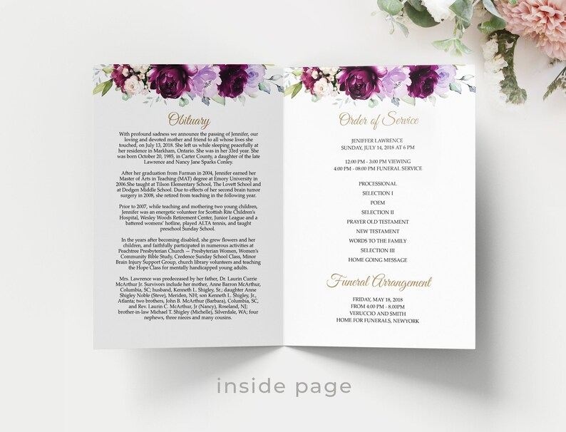 Editable Funeral Program Template,purple Roses Programs Memorial ...