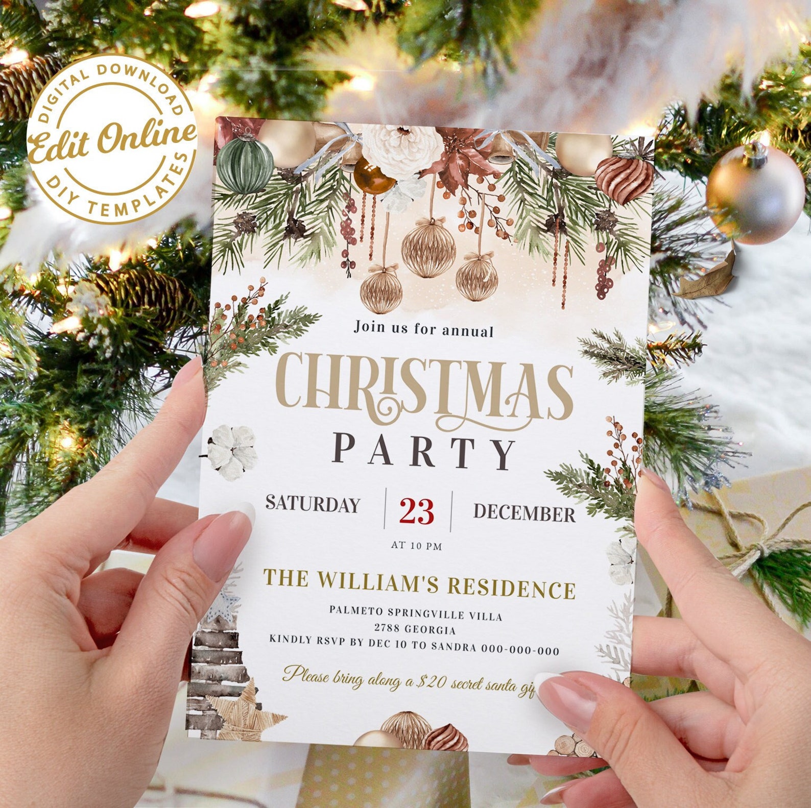 Editable Boho Christmas Party Invitation Christmas Party Invite ...