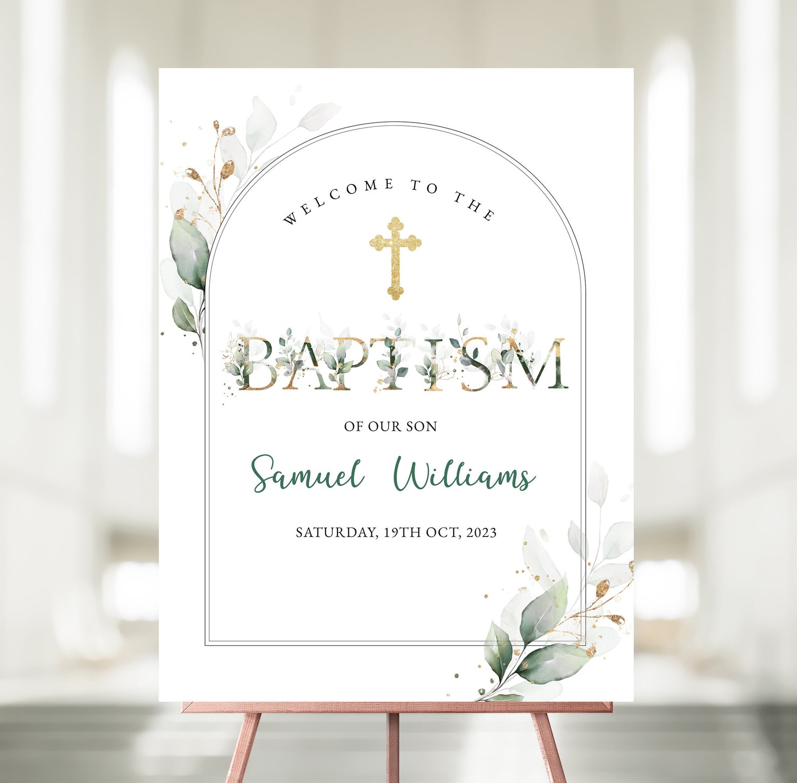 Editable Greenery Baptism Welcome Sign Template Greenery Arch Gold ...