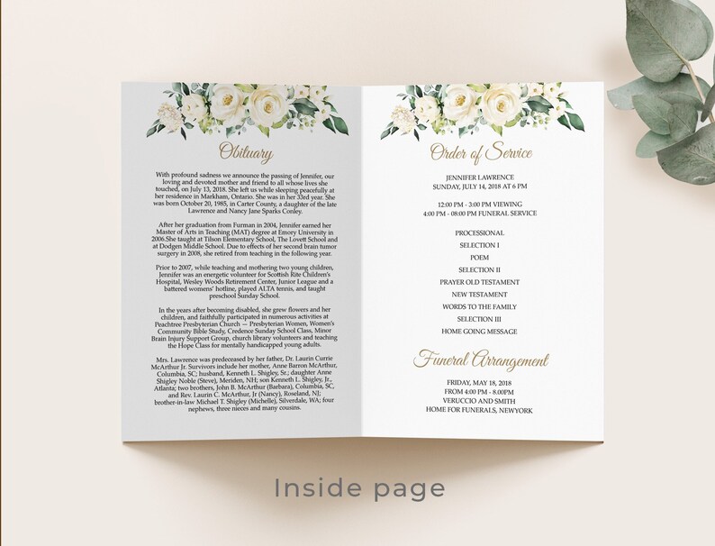 Editable White Floral Roses Funeral Program Template Celebrating the ...
