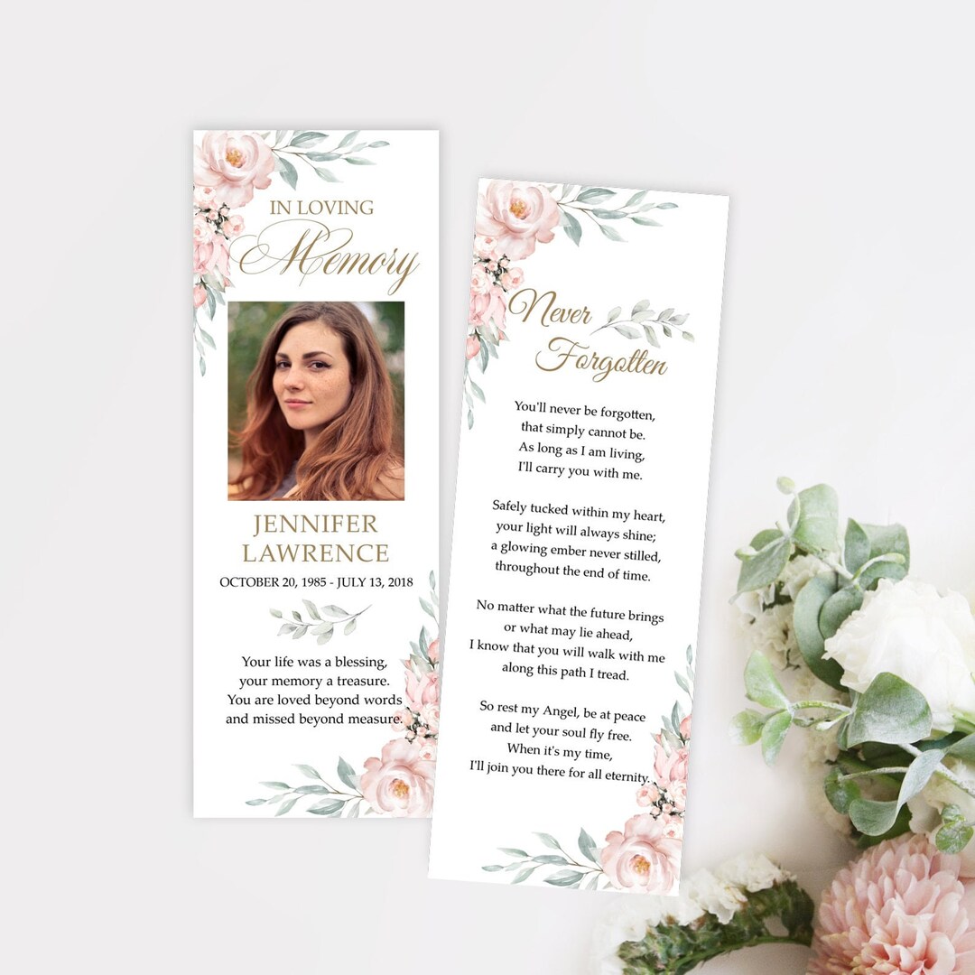 Funeral Bookmark, Pink Blush Personalized Prayer Card Bookmark Template ...