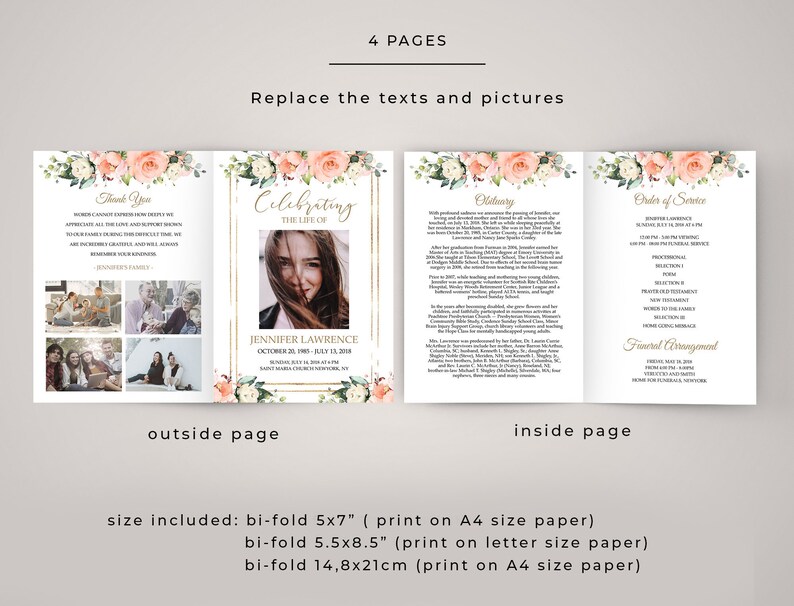 Editable Orange Floral Funeral Program Template Celebrating the Life of ...